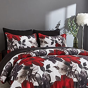 ZEIMON 7 Piece Bed in A Bag Queen Floral Comforter Set, Black and Red Botanical Flowers Leaves Comforter and Sheet Set, Soft Lightweight Microfiber Bedding Sets for All Season(Black,Queen)