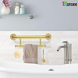 Gold Grab Bar 17 Inch w/Towel Holder, iHansee Stainless Steel Towel Rack Shower Support Balanced Support Handle, Wall Mount Safety Handrail Grab Rail for Elderly Senior Handicap Disabled