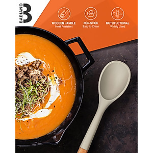 Pack of 3 Silicone Spatula, Non Stick Cooking Utensil Set Wooden Handle Kitchen Turner for Baking Mixing Grilling Serving Food Heat Resistant Non Scratch Hooks Included,Khaki