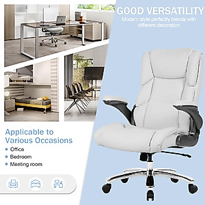 400lbs Big and Tall Office Chair Ergonomic Adjustable Rolling Swivel PU Leather Desk Chair with Padded Flip-up Armrest, High Back Executive Lumbar Support Task Work Chair for Heavy People,White