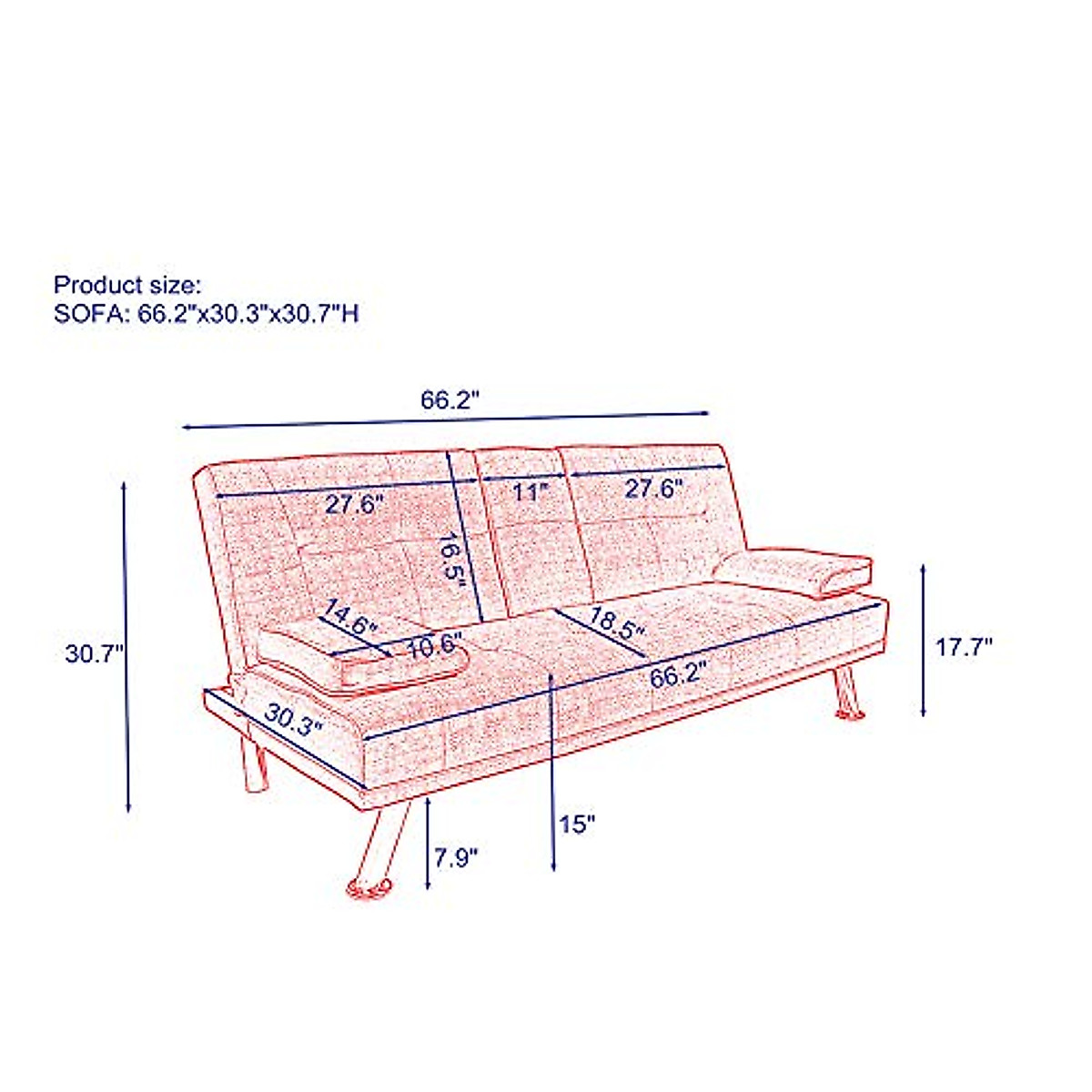LTT Futon Sofa Bed, Futon Couch, Sleeper Dark Grey Fabric Folding Sofa Bed Dual-Purpose Multi-Functional