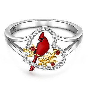 Cardinal Ring for Women Sterling Silver Heart Red Bird Cardinal Jewelry Spiritual Memorial Gifts for Loss of Loved One Size 8