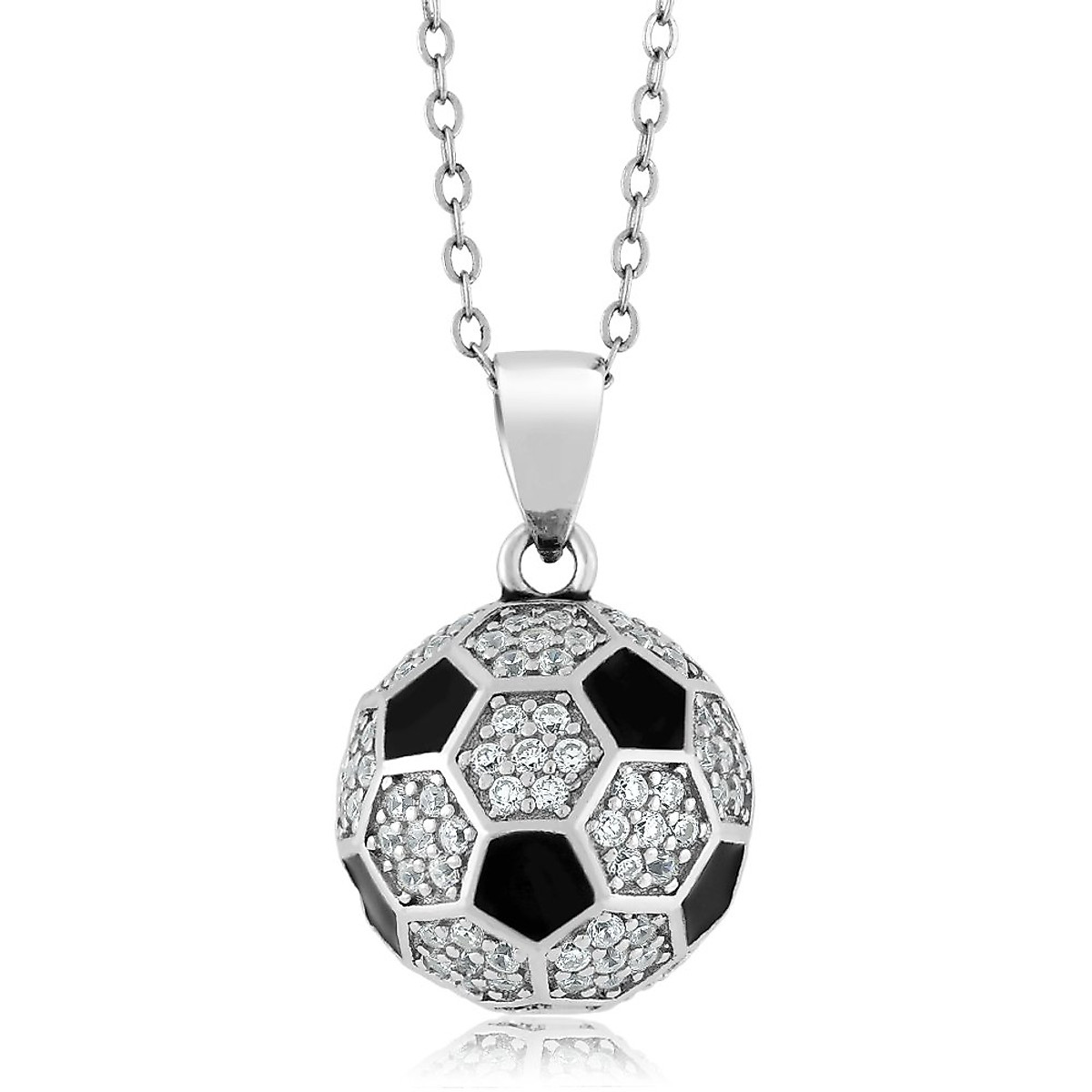 Gem Stone King 925 Sterling Silver Soccer Ball Pendant Necklace with Shimmering White Zirconia Stones | 1.30 Cttw | 1/2 Inch | A Stunning Gift for Soccer Fans and Athletes! | With 18 Inch Silver Chain