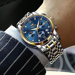 OLEVS Blue and Gold Two-Tone Watches for Men Fashion Multifunction Watches Date Waterproof Chronograph Wristwatches, Stainless Steel Watch Band Waterproof Watch Luminous