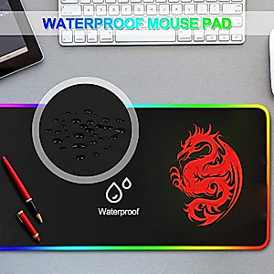 RGB Mouse Pad,Gaming Mouse Pad - 15 Light Modes Extended Computer Keyboard Mousepad,Dragon Mouse Pad,High-Performance LED Mouse Pad Optimized for Gamer 800×300mm/31.5 X 12in (Red)