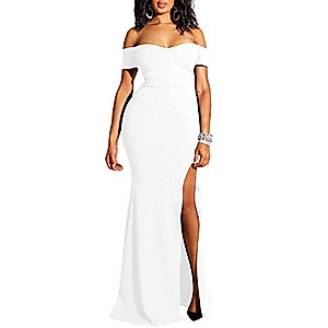 YMDUCH Women's Off Shoulder High Split Long Formal Party Dress Evening Gown White