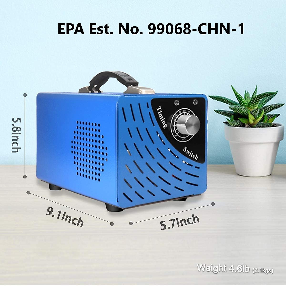 Commercial 10,000mg Ozone Generator, Elementa Mini Ozoner Air Purifier Ionizer O3 Machine for Deodorization Sterilizer, RV/Basement/Bathroom/Car/Pet's Room/Refrigerator Odor Remove Ozonator (Blue)