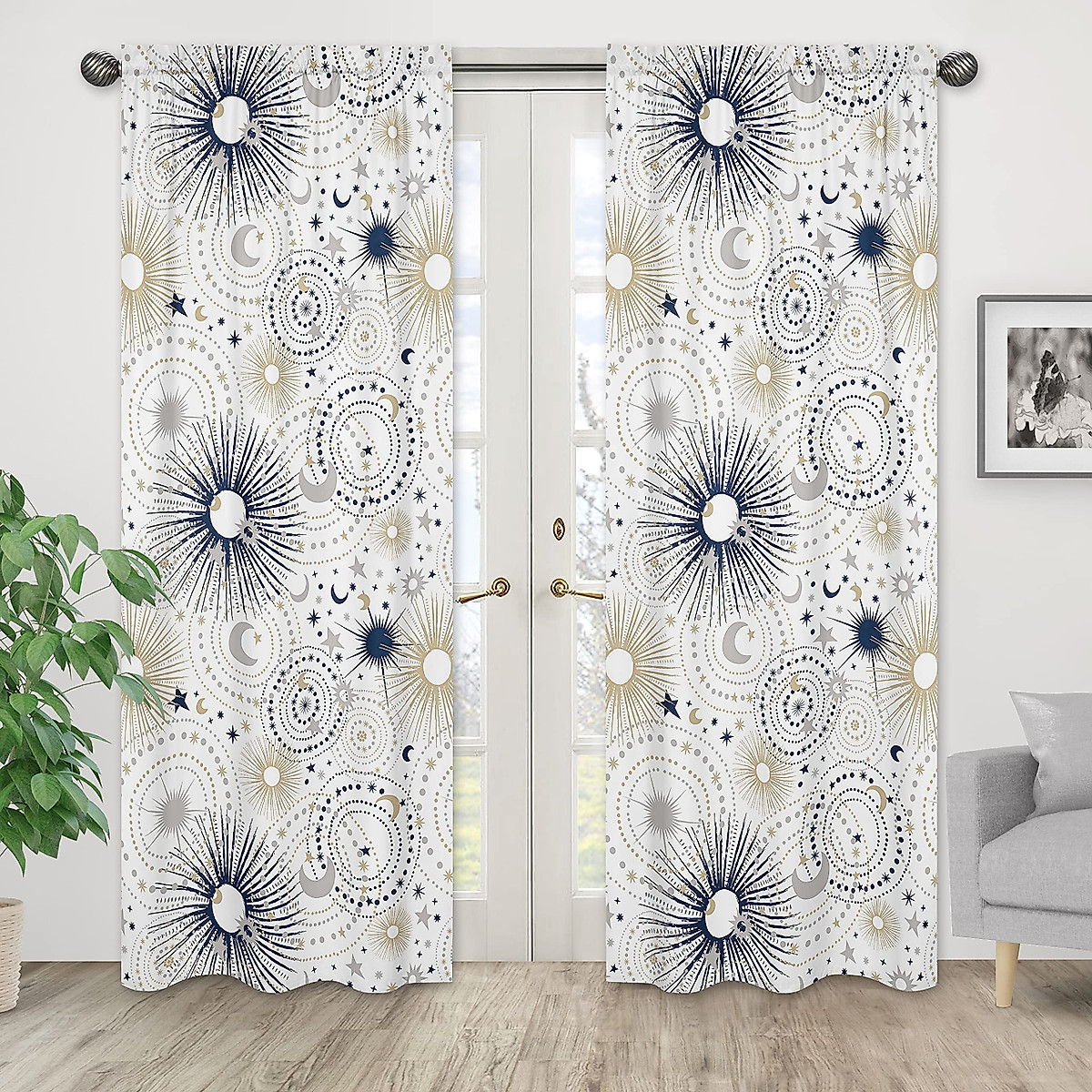 Sweet Jojo Designs Star and Moon Window Treatment Panels Curtains - Set of 2 - Navy Blue, Gold, and Grey Celestial Sky Stars Gender Neutral Unisex