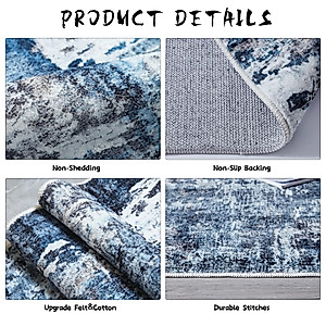 Rugcomf 8x10 Rug Washable Boho Rug Soft Large Area Rug Non-Slip Non-Shedding Faux Wool Vintage Rug for Living Room, Farmhouse, Dining Room, Indoor, Kids Playroom, Blue