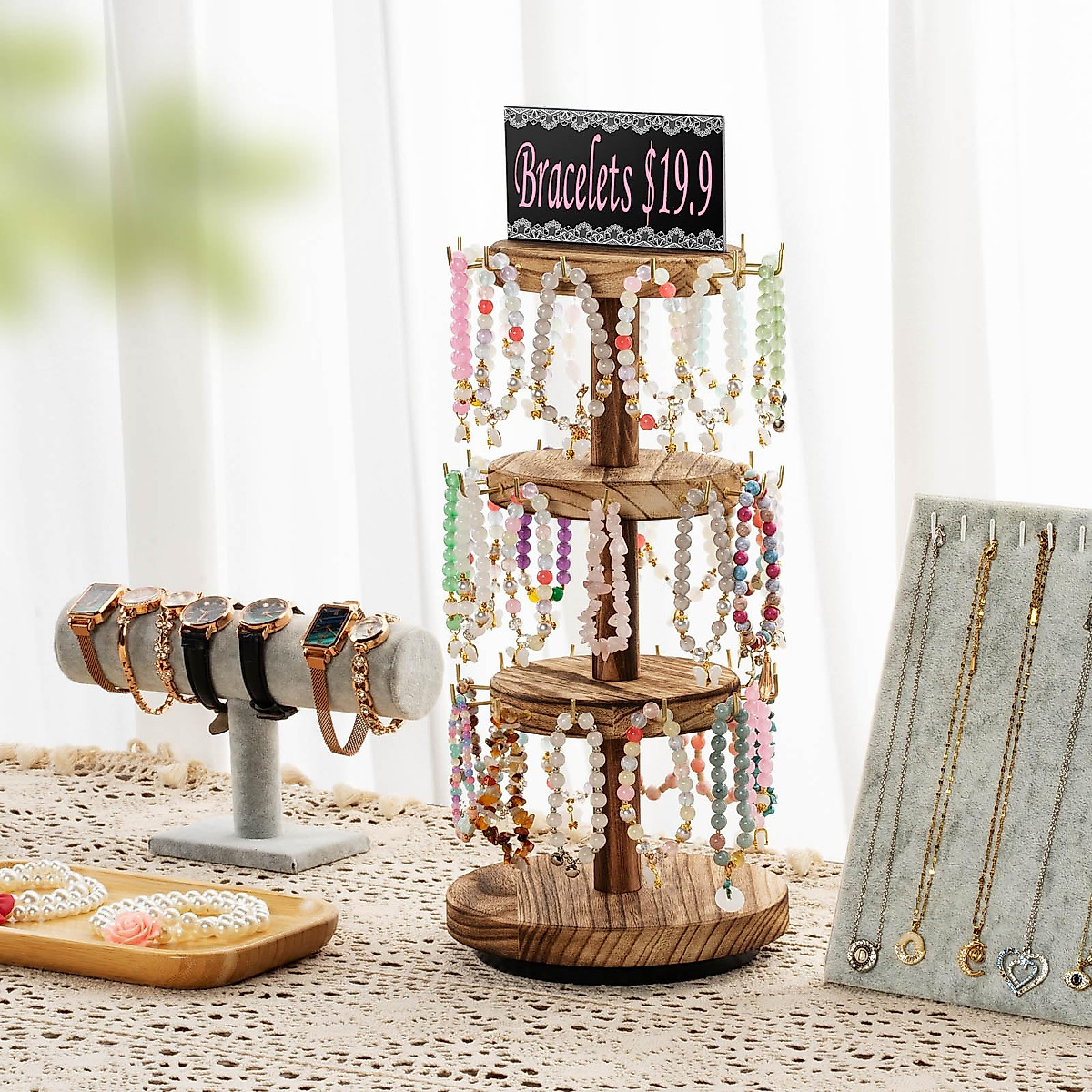 Pinzoveco Bracelet Holder, 3 Tier Wooden Rotating Bracelet Display Stand, Tree Stand Vendor Booth Display with Adversitsing Board, 36 Hooks for Bracelet, KeyChain Display Stands for Selling, Brown (Patent Pending)