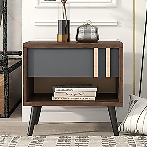 Nightstand Set of 2 with Drawer and Storage Shelf, Mid Century Modern Night Stand Walnut, 1-Drawer Small Wooden Bedside Tables with Solid Wood Legs, Wood End Side Tables for Bedroom, Living Room
