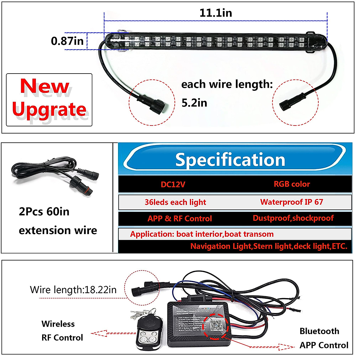 NBWDY 8pcs Led Strip Lights Boat Lights with APP 4-Key RF Remote Control,Waterproof 12V Boat Interior RGB Strip Lights,Boat Deck Lighting,Multi-Color Marine Lights for Boat Sailboat Kayak