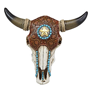 Ebros 13.25" Wide Western Star Tooled Leather Steer Bison Buffalo Bull Cow Horned Skull Head With Turquoise Beads Wall Mount Decor Replica Native Animal Totem Bust Skulls Hanging Plaque Sculpture