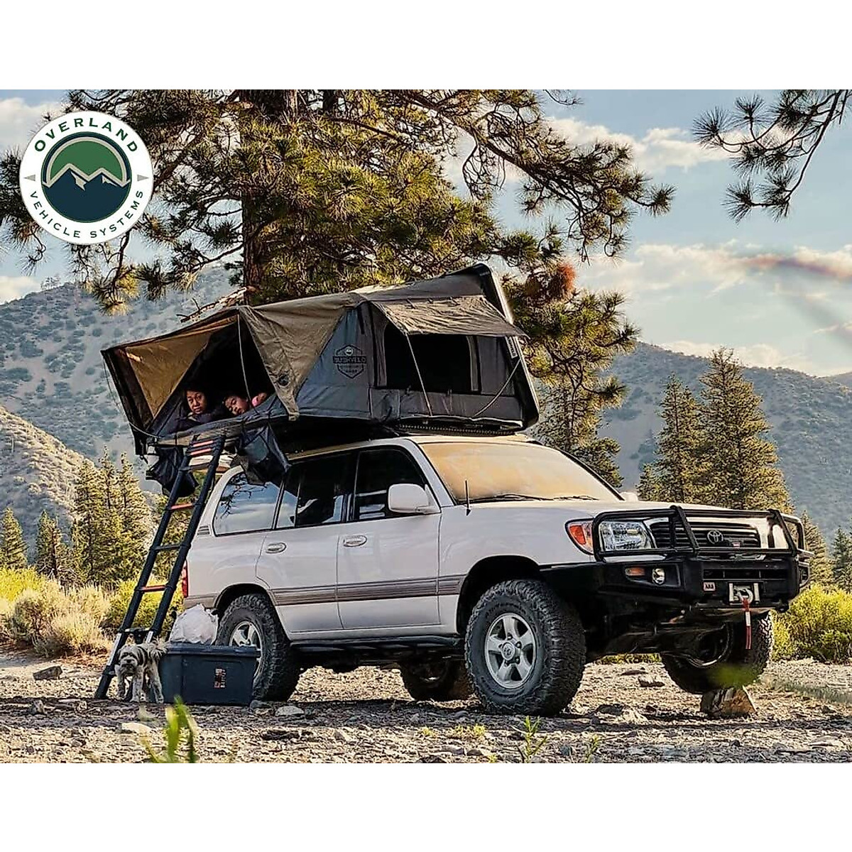 Overland Vehicle Systems Bushveld II Hard Shell Clam Shell Roof Top Tent with Aluminum Base Dark Grey Body and Green Rainfly - 2 Person Tent - Four Seasons Ready