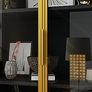 ECACAD Modern Bookcase Storage Cabinet with 2 Glass Doors and 3 Ripple Drawers, Wood Bookshelf Display Cabinet with Metal Legs for Living Room & Office, Black (31.5”L x 15.7”W x 71.9”H)