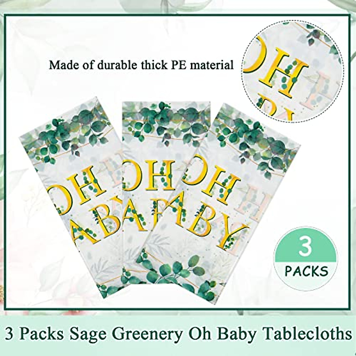 3 Packs Sage Greenery Oh Baby Plastic Tablecloths Baby Shower Party Decorations Eucalyptus Leaf Tablecloth Gold Foil Disposable Green Leaves Eucalyptus Table Cover for Home Sage Neutral Party Supplies