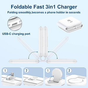3 in 1 Charging Station for Apple Foldable, iWatch Travel Charger Stand for Multiple Devices, Folding Portable Fast Charge Dock for iPhone 14 Pro Max/13/12/11, Apple Watch 8/7/6/Ultra/SE/5, AirPods