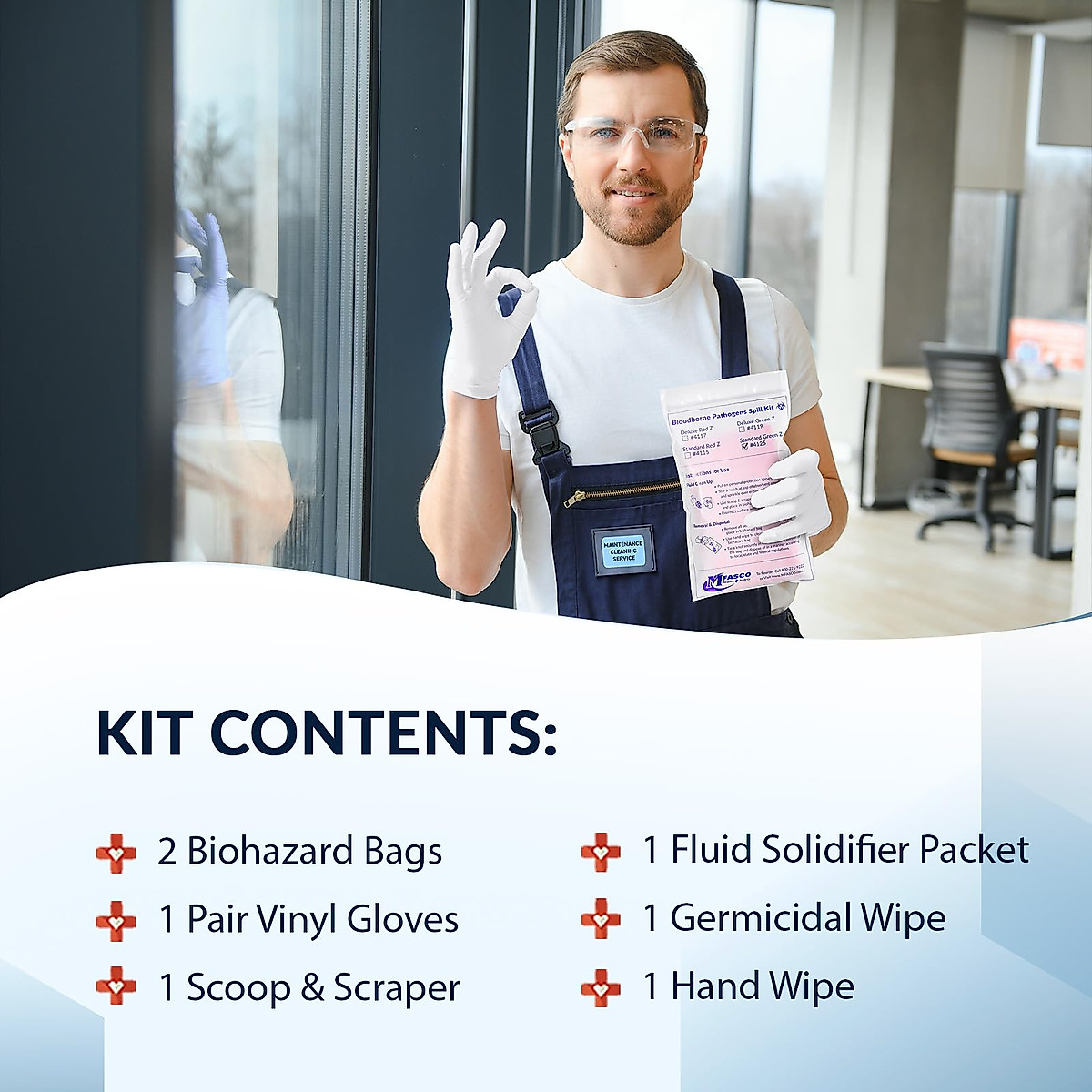 MFASCO Bloodborne Pathogens Spill Kit - Disposable Clean Up Kit, Safety for Bodily Fluids, Latex Free, First Aid, Non-Chlorinated Fluid Solidifier, Biohazard Bag, Vomit, Blood, Urine Solidifier
