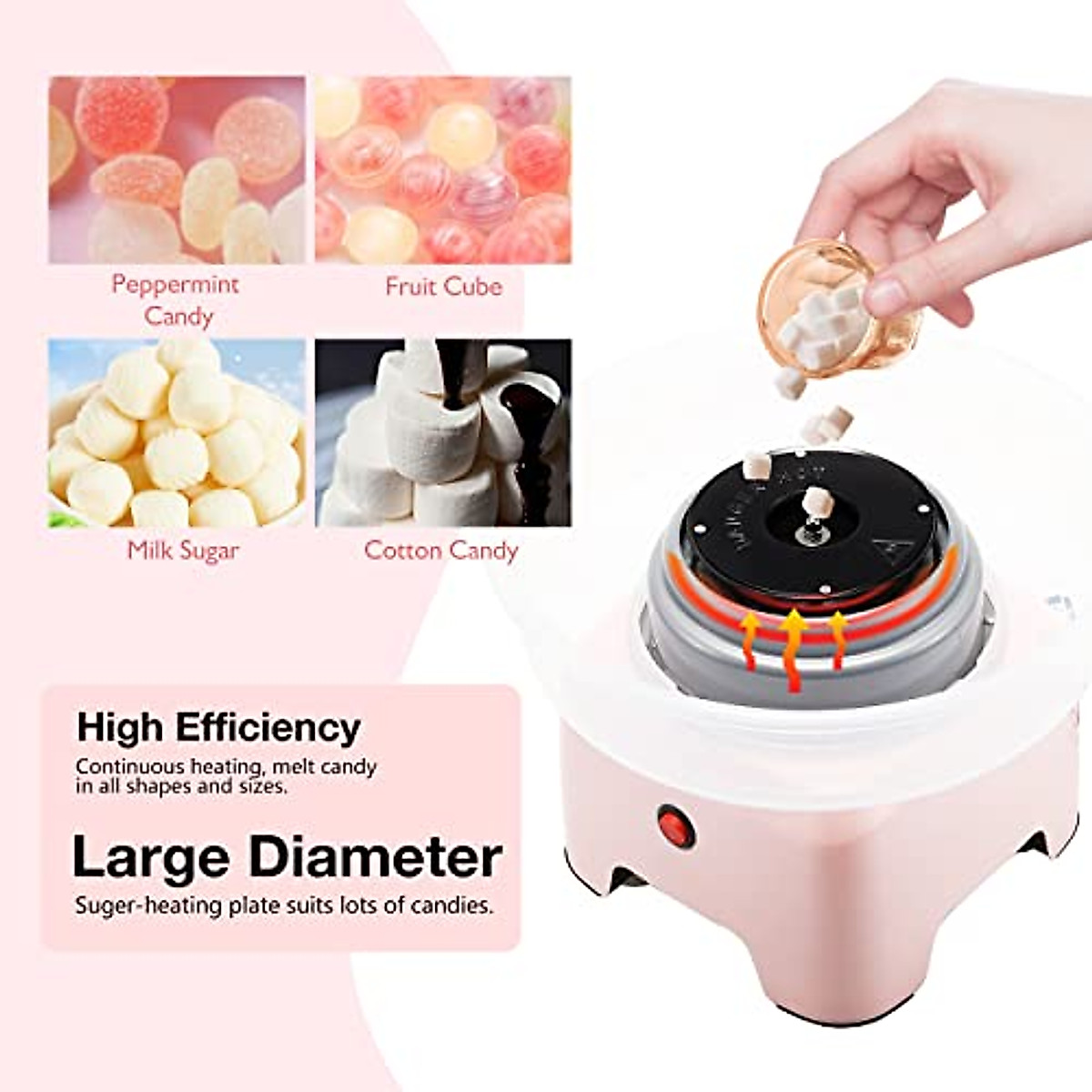 Cotton Candy Machine, Countertop Cotton Candy Maker for Kids, Pink Hard Candy Cotton Candy Maker Includes Splash-Proof Plate, Two Reusable Plastic Sticks (Color Random)