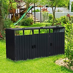 Outdoor Garbage Can Storage Shed, Galvanized Steel Storage Shed with Lockable Doors, Garbage Bin Shed Stores 3 Trash Cans, Bin Shed Perfect for Patio Storage of Trash Cans and Tool