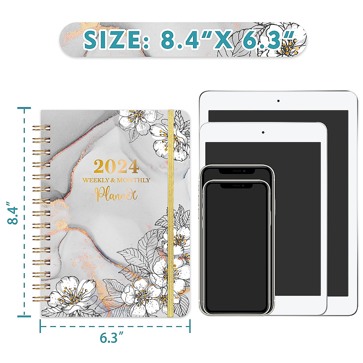 2024 Planner - January 2024 - December 2024, Weekly & Monthly Planner with Tabs, 6.3" x 8.4", Hardcover with Back Pocket + Thick Paper + Twin-Wire Binding - Gray