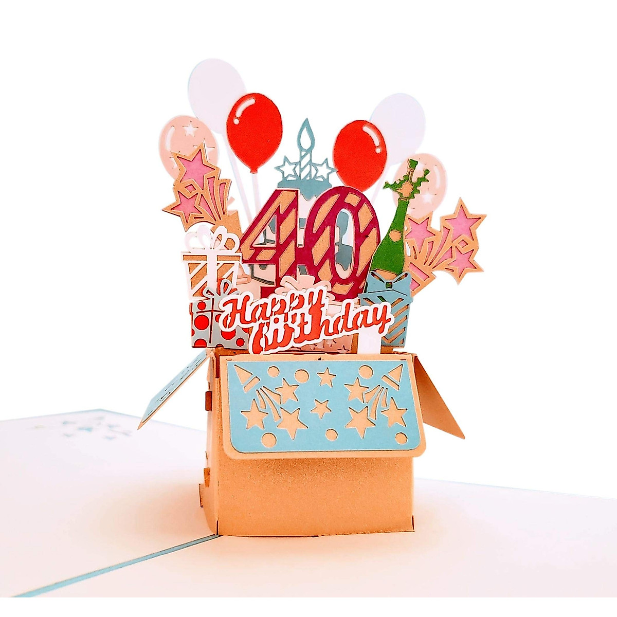 iGifts And Cards Happy 40th Blue Birthday Party Box 3D Pop Up Greeting Card – Forty, Awesome, Balloons, Presents, Unique, Celebration, Feliz Cumpleaños, Congrats, Fun