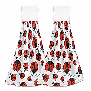 Red Ladybugs Texture 2 Pcs Hanging Kitchen Hand Towels, Hanging Tie Towels with Hook & Loop Washcloth Dishcloths Sets Decorative Absorbent Tea Bar Bath Hand Towel
