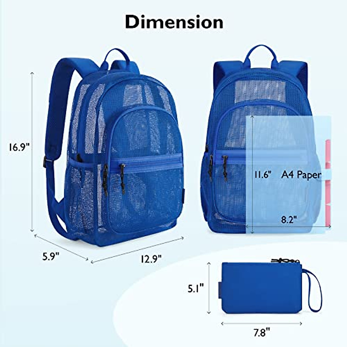 mommore Mesh Backpack with Pencil Bag for School Heavy Duty Mesh Bookbag with Reinforced Padded Straps See Through Backpack for Diving, Working, Travelling, Beach, Gym, Blue