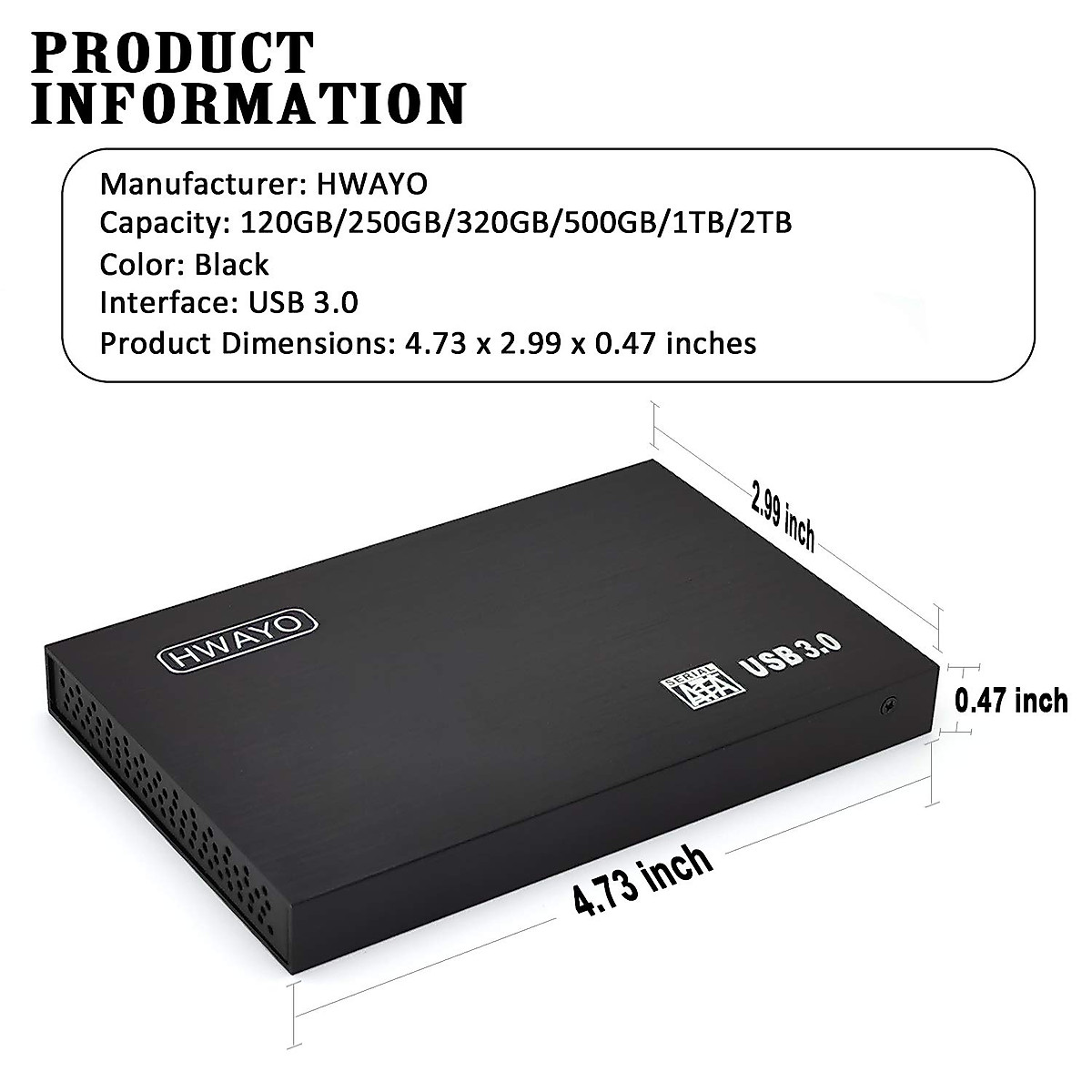 HWAYO 2.5'' 1TB Ultra Slim Portable External Hard Drive USB3.0 HDD Storage for PC/Desktop/Laptop/MacBook/Chromebook/Xbox One (Black)