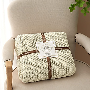 Longhui bedding Chunky Cable Knit Throw Blanket Lightweight Cream 100% Organic Cotton Blanket for Sofa Couch Bed Baby Nursery, Rustic Shabby Chic Modern Farmhouse, 51” x 63” Give Laundering Bag