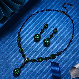 EleQueen Women's Cubic Zirconia Teardrop Y-Necklaces Dangle Earrings Sets for Brides Bridesmaids Green Black-Tone