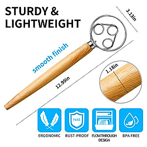 TEEVEA Danish Dough Whisk Stainless Steel Hook Dutch Style Bread Dough Hand Mixer Wooden Handle for Sourdough Making Baking Whisking Tools and Supplies