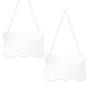 AHANDMAKER 2 Pc Clear Acrylic Hanging Sign, DIY Blank Names Custom Card Labels for Elegant Wedding Chair Signs with White Satin Ribbon for Wedding Dinner Parties, Food Signs, Banquet Events