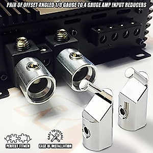 BILLFARO 2Pcs 1/0 Gauge to 4 Gauge Input Wire Gauge Reducer,Offset Angled Amp Input Reducers Cable PIN Power Ground Reducers Connection Brass with Nickel Plated
