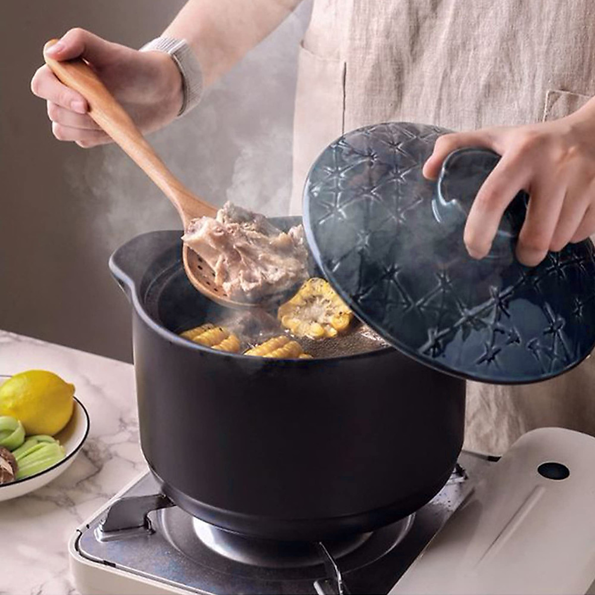 Lake Tian Ceramic Cooking Pot, Clay Pot Cooking, Earthenware Pot, Japanese Donabe, Chinese Ceramic/Casserole/Clay Pot/Earthen Pot Cookware Stew Pot Stockpot with Lid Small Steam, 砂锅 Blue 5L/5.3QT