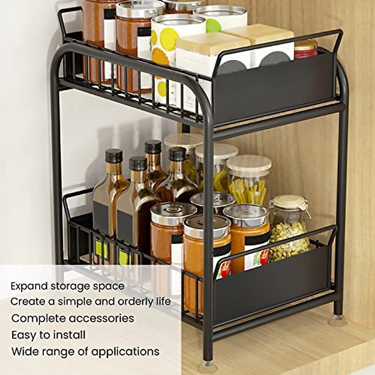 Oumefar Under Sink Organizer  , Anti Rust Pull Out Mesh Basket Stable 2 Tier Stackable Multi Use with Sliding Drawer for Kitchen