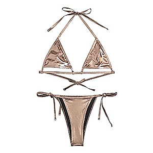 GORGLITTER Women's Sexy Metallic Swimsuit Cut Out Triangle Bikini Set Tie Side Thong Bathing Suit Champagne Medium