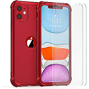 ORETECH Designed for iPhone 11 Case, with[2 x Tempered Glass Screen Protector] 360° Full Body Heavy Duty Shockproof Protection Cover Hard PC Soft Rubber Silicone for iPhone 11 (2019) - 6.1''- Red