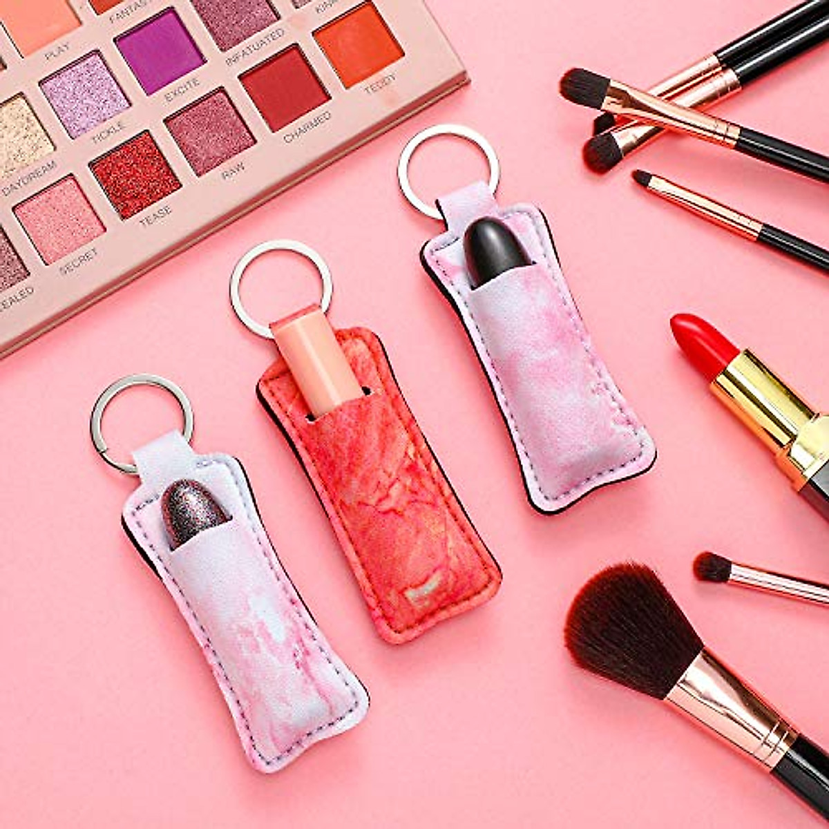 Blulu 10 Pieces Chapstick Holder Keychains Clip-on Chapstick Sleeve Pouch Lipstick Holder Keychain Lip Balm Holder Key Chain with Marble Pattern for Travel Accessories, 10 Colors
