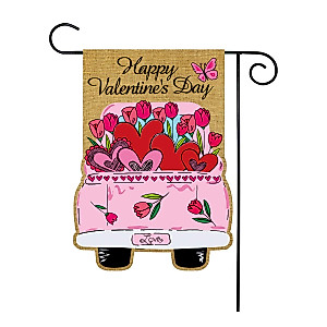 Texupday Happy Valentine's Day Double Sided Burlap Garden Flag Love Heart Floral Pink Truck Butterfly Decoration Outdoor Flag 12" x 18"