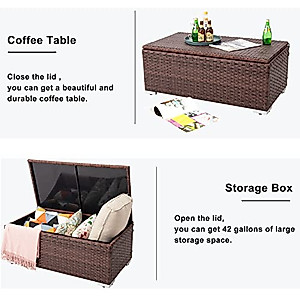 DIMAR GARDEN Outdoor Storage Coffee Table with Waterproof Cover,Patio Wicker Storage Table,42 Gallon Mixed Brown