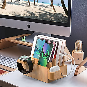 Pezin & Hulin Bamboo Charging Station for Multiple Devices with 5 Port USB Charger, 5 Cables, Watch&Earbuds Stand, Electronic Device Desktop Organizer for Cellphone, Tablet, Watch, Earbuds
