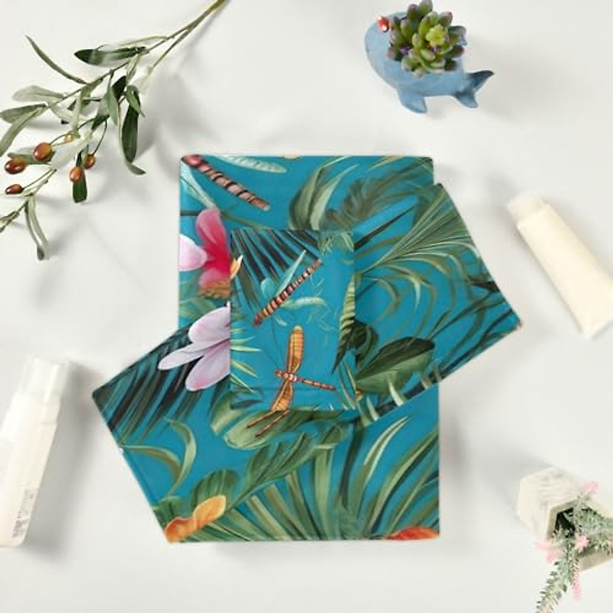 Flradish Palm Dragonflies Towels 3 Pack Bath Towels for Bathroom Set Soft Cotton Highly Absorbent Lightweight & Quickdry Towel Set 1 Bath Towel,1 Hand Towel,1 Washclothe