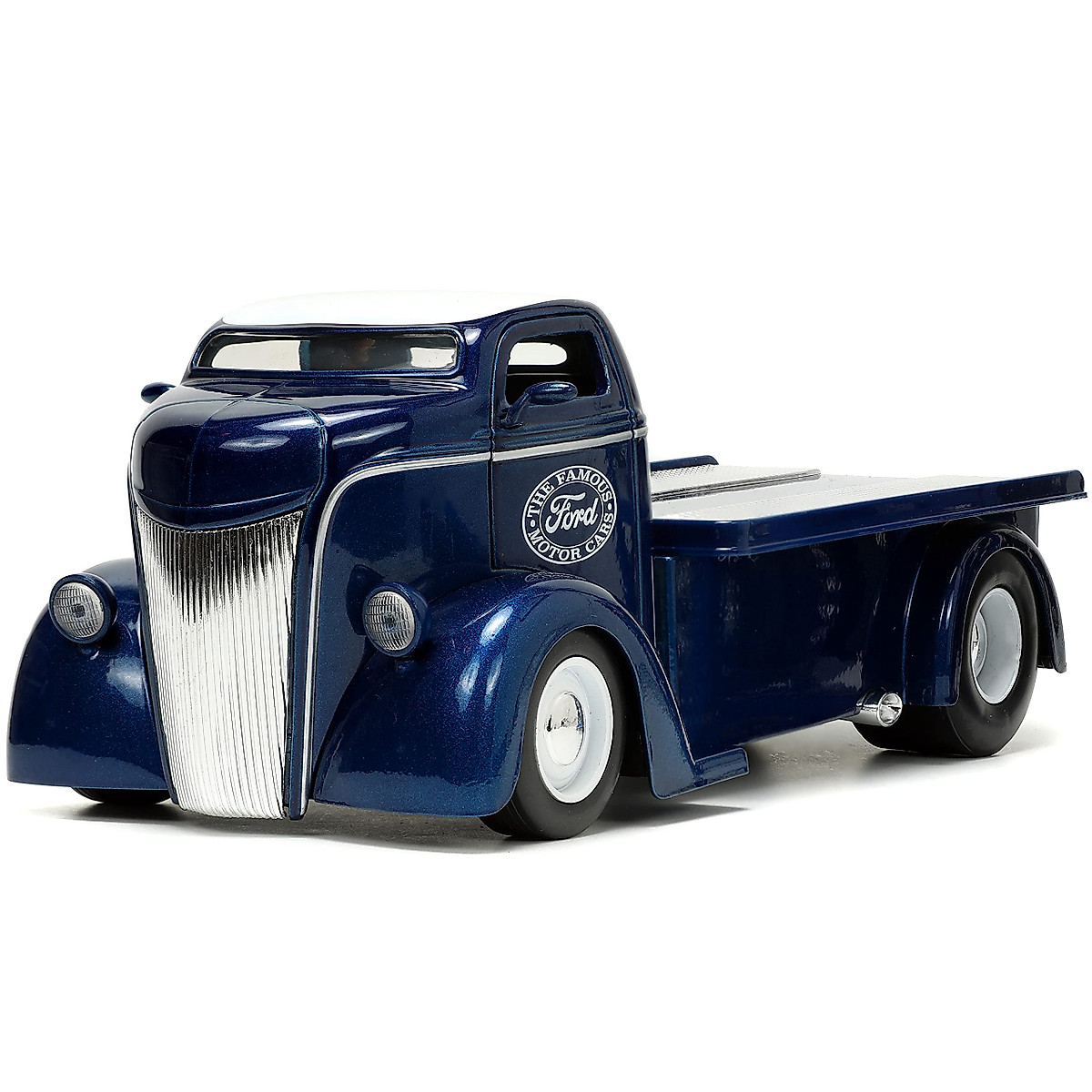 Jada Toys Just Trucks 1:24 1947 Ford COE Flatbed Die-cast Car Dark Blue/White with Tire Rack, Toys for Kids and Adults