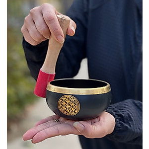 Tibetan Flower Of Life Singing Bowl Mallet Cushion Set ~ For Meditation, Yoga, Spiritual Healing and Mindfulness ~ Medium (Black)