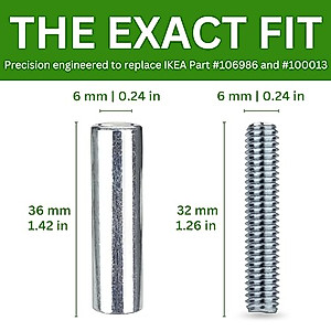 Spare Hardware Parts Bed Frame Set, Long Round Coupling Nut Sleeve and Threaded Rod (Replacement for IKEA Part #106986 + 100013) (Pack of 4 Each)