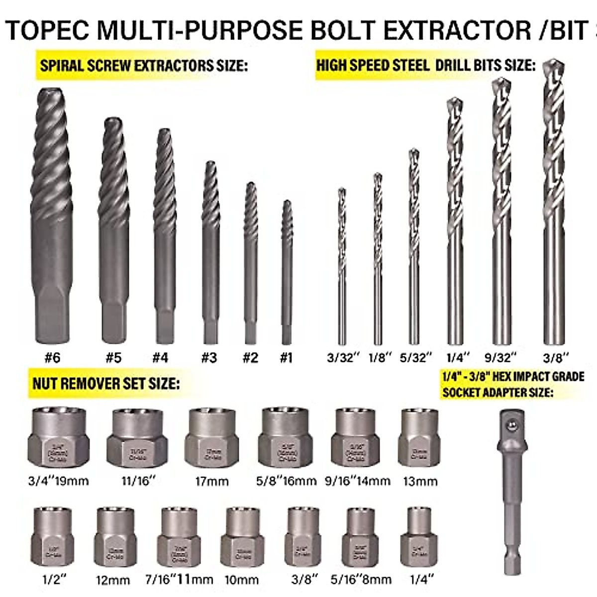 TOPEC Screw Extractor Set, 26 Piece Bolt Extractor Kit and Left Hand Drill Bit with Hex Adapter, Easy Out Stripped Lug Nut Remover Socket for Stripped, Damaged, Rounded-Off, Rusted Bolts, Nuts&Screws