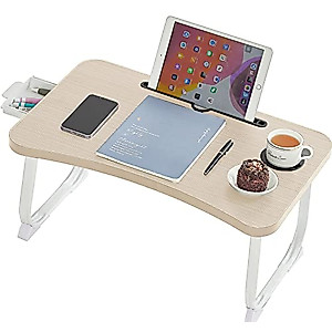 LKBBC Foldable Laptop Desk for Bed, Bed Laptop Table with Storage, Foldable Portable Lap Bed Tray, 23.6 Inch Floor Table for Drawing, Reading and Writing, Maple