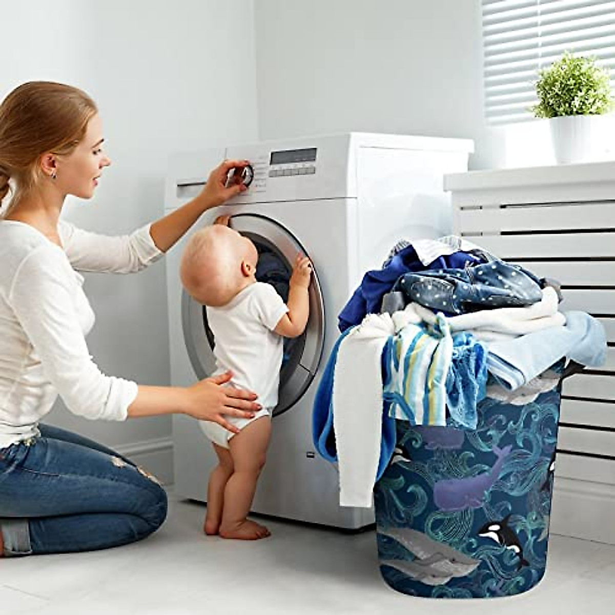 Whales Beautiful Ocean Giants Large Laundry Basket Hamper Bag Washing with Handles for College Dorm Portable