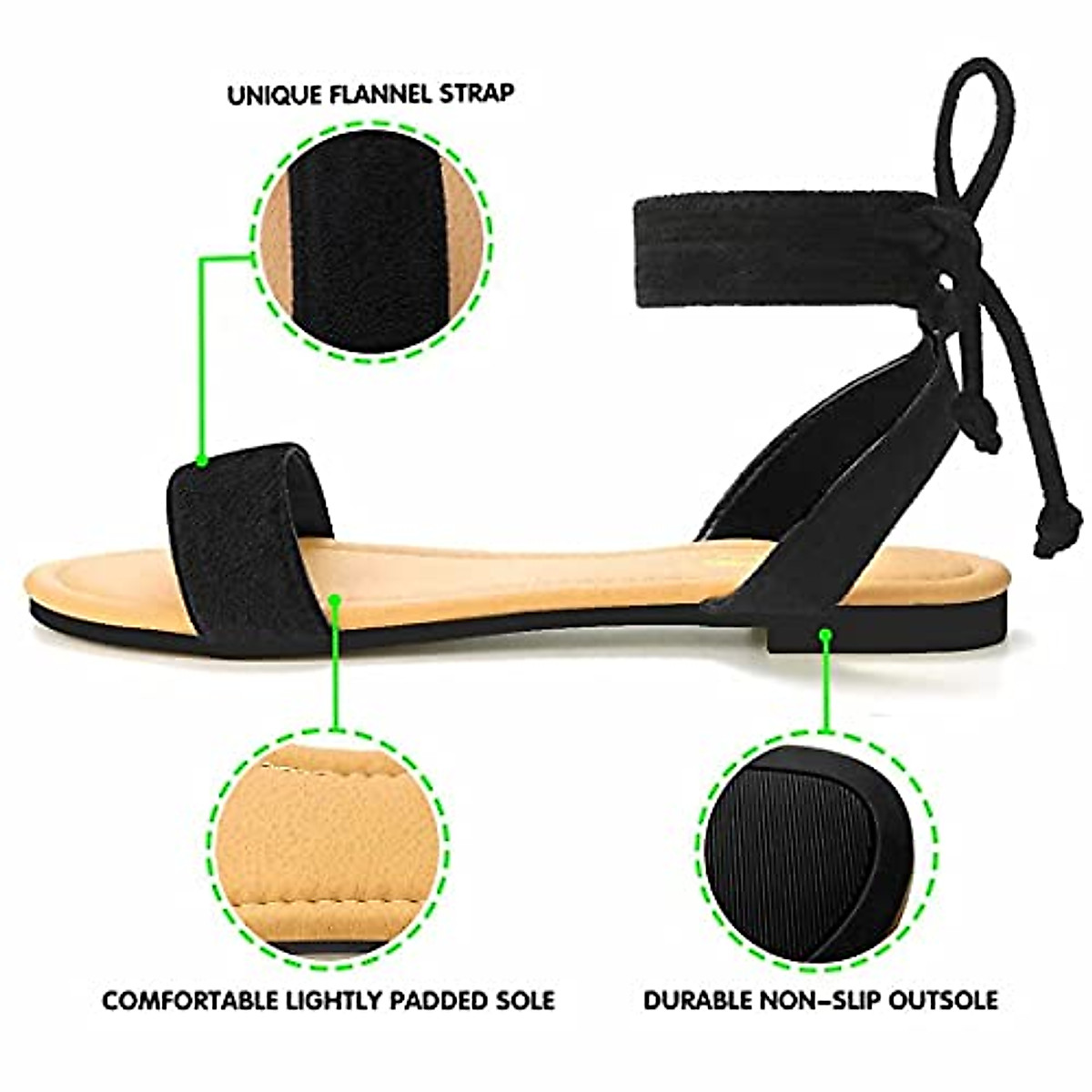 DAYDAYGO Sandals for Women - Womens Comfortable Open Toe Ankle Wrap Lace Up Flat Sandals - Women’s Sandal Ankle Tie Up Black Size 11